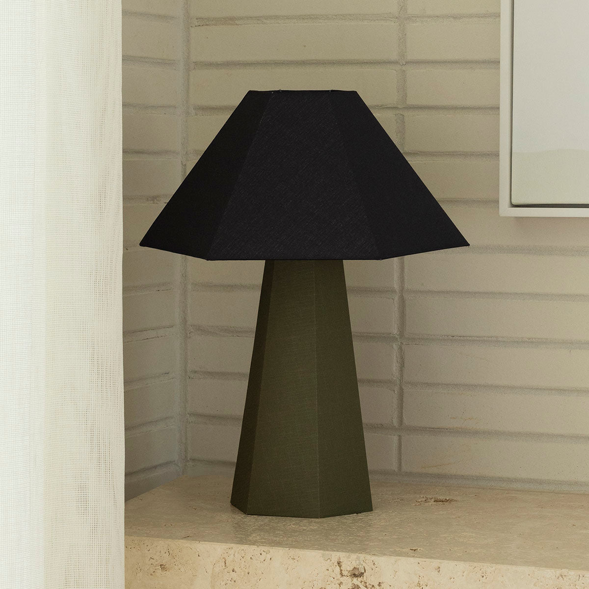 Blake Table Lamp Noir Olive – Hexagonal Linen Lamp – Paola And Joy